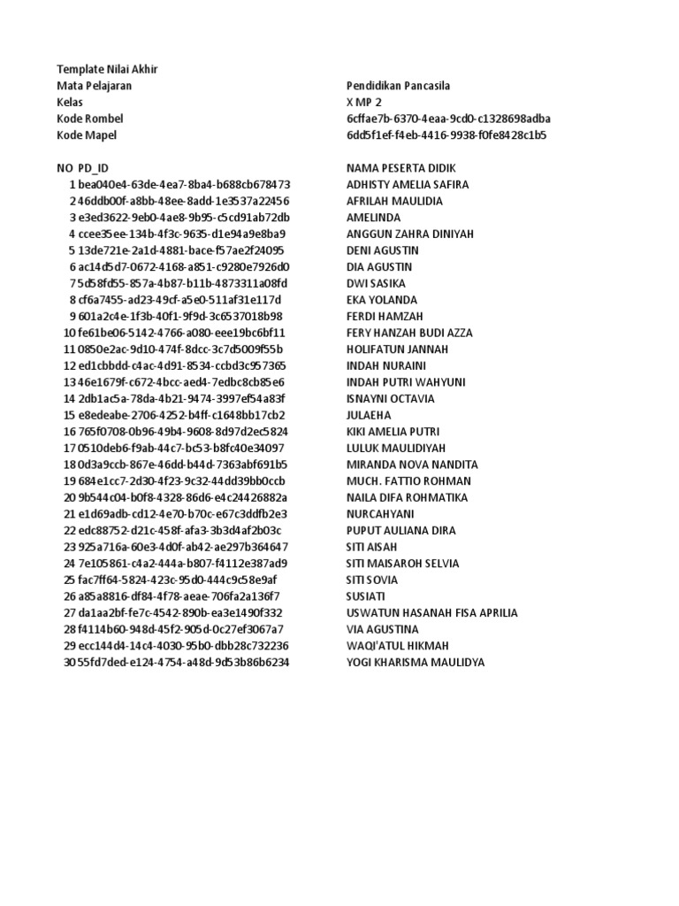 Template Nilai Akhir Mata Pelajaran Pendidikan Pancasila Kelas X MP 2 | PDF