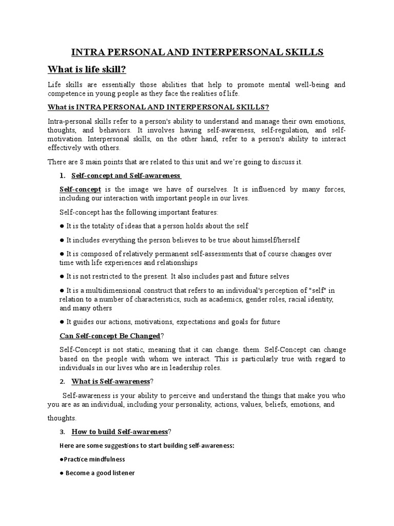 Intra Personal and Interpersonal Skills | PDF | Self Esteem | Critical ...