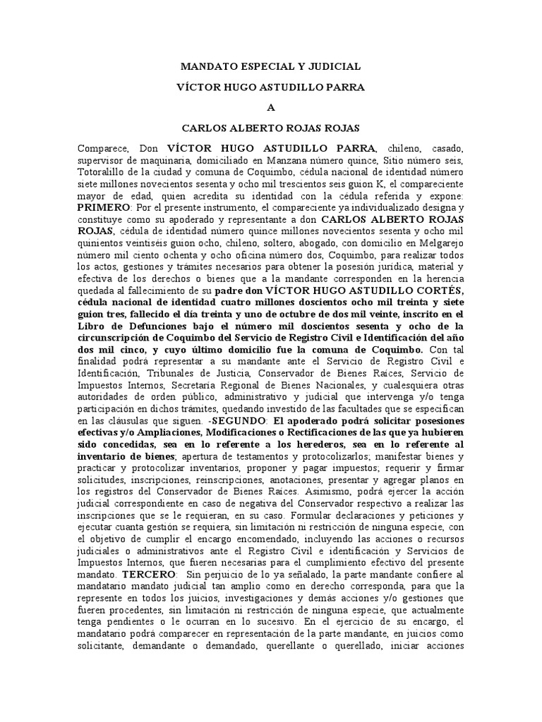 Mandato Especial Posesión Efectiva Victor Astudillo Parra A Carlos ...