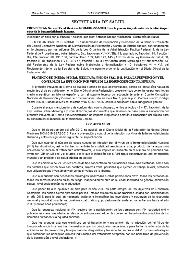 PROYECTO de Norma Oficial Mexicana NOM-010-SSA2-2018, para La ...
