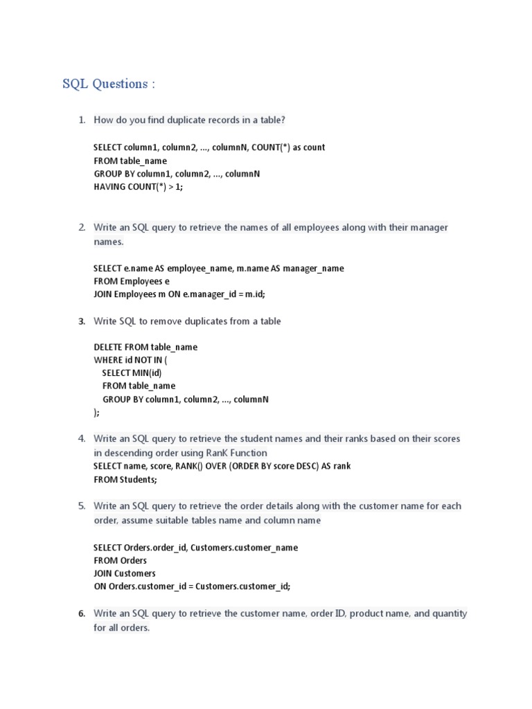 SQL Questions | PDF