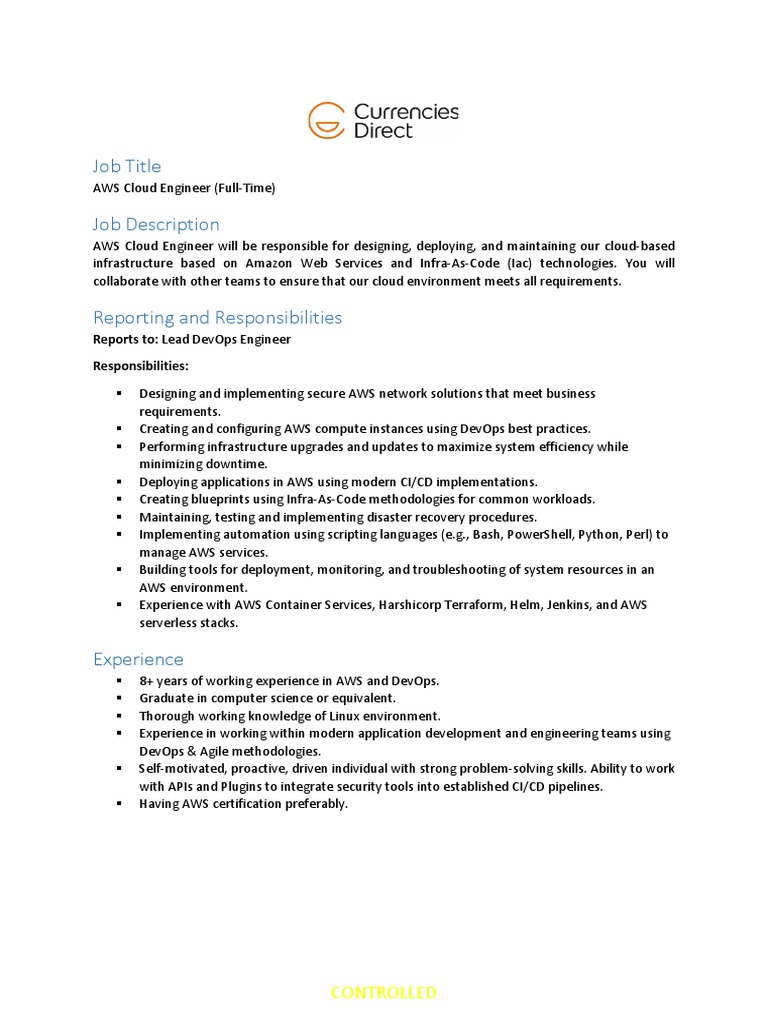 AWS Cloud Engineer Job Description | PDF