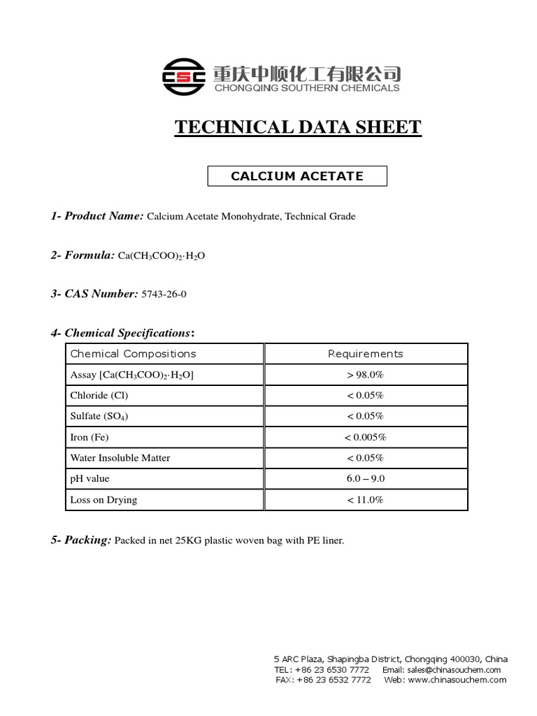 TDS Calcium Acetate Monohydrate | PDF
