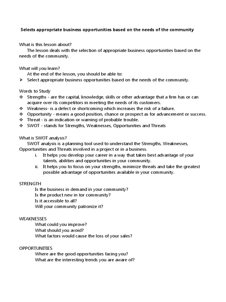 Selects Appropriate Business Opportunities Based On The Needs of The ...