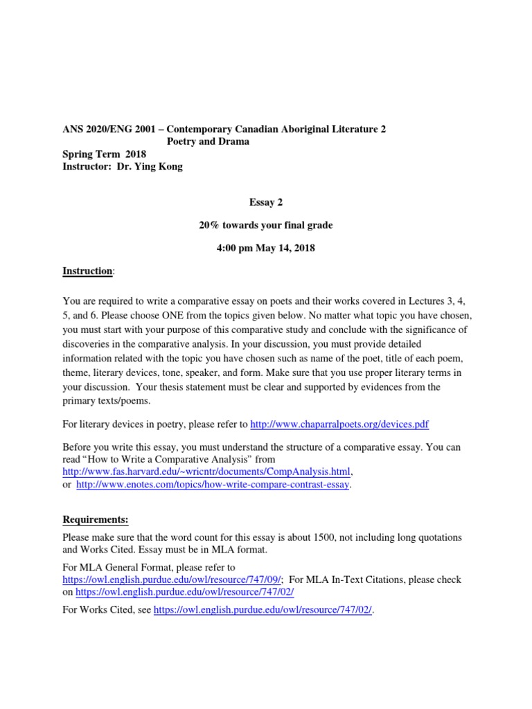 ENG 2001 Essay 2 - Instructions and Topics of Comparative Essay On ...