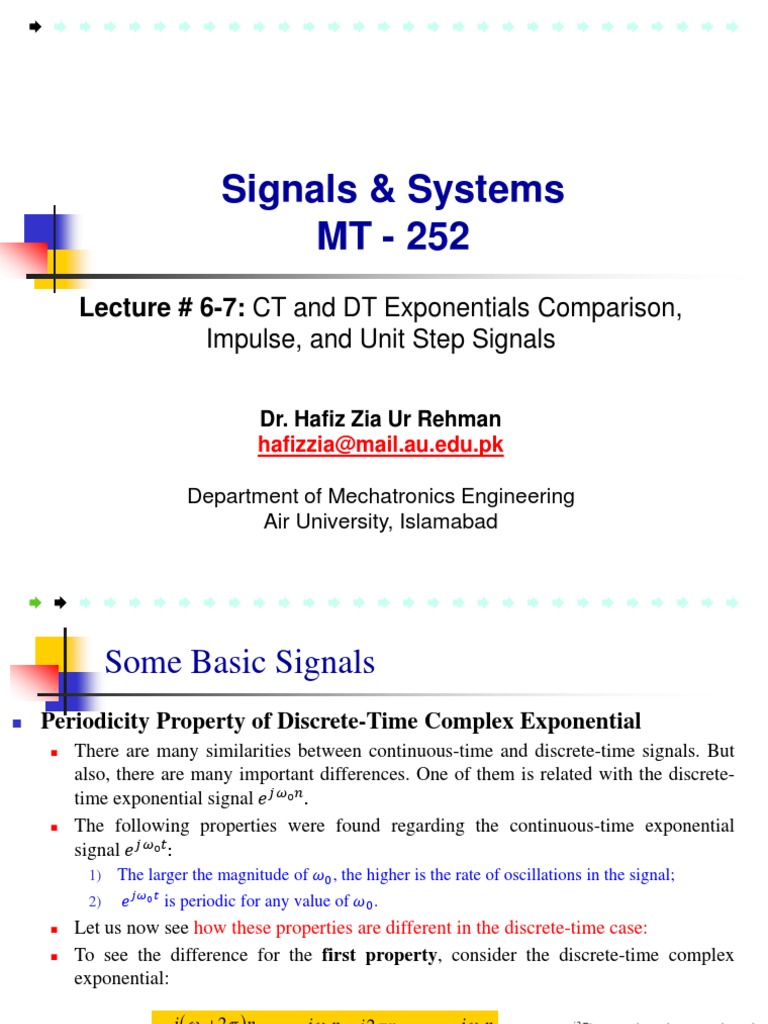 Lecture-06-07 (CT and DT Exponentials Comparison, Impulse and Unit Step Signals) | PDF ...