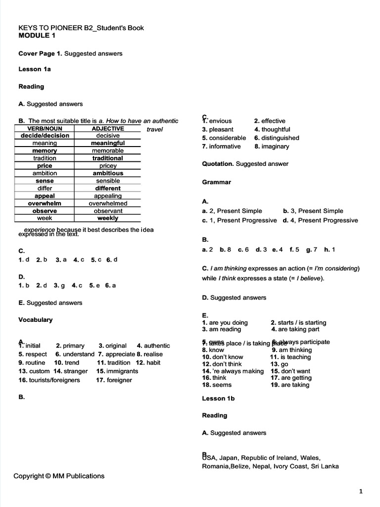 Pioneer B2 Workbook Answer Key | PDF