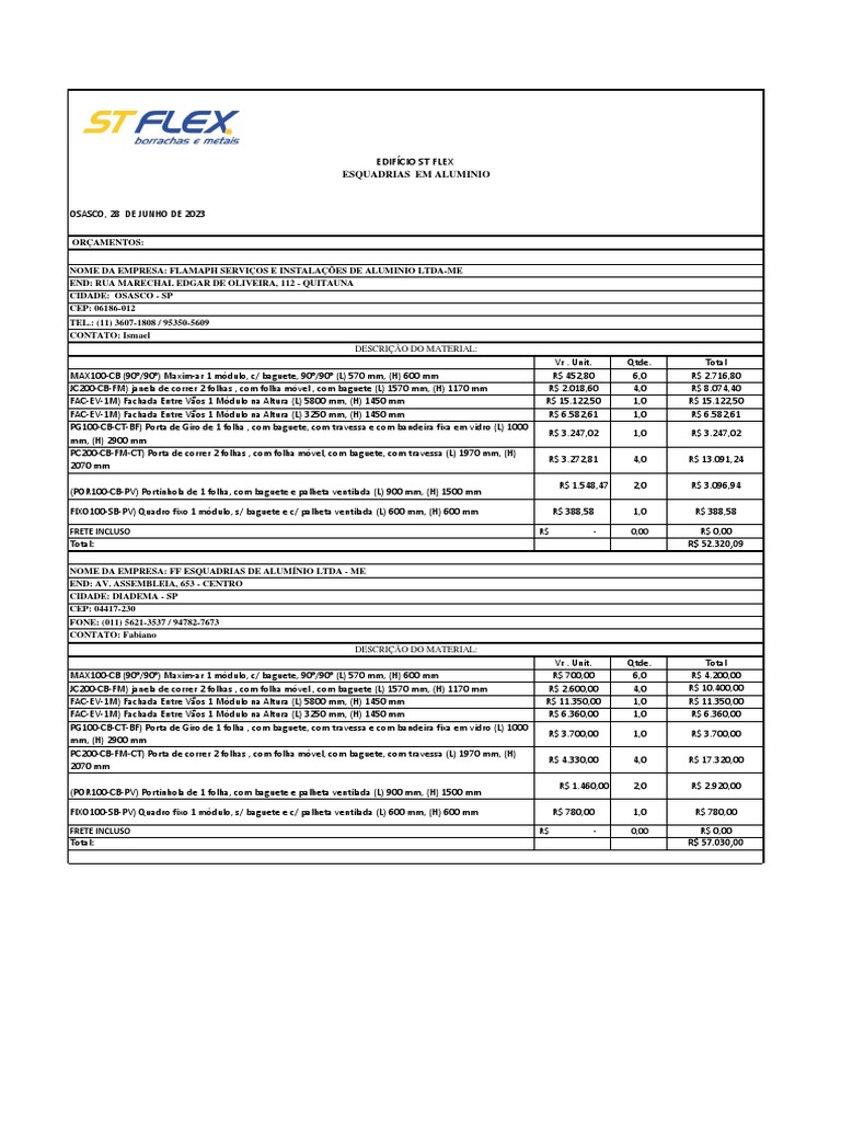 Mapa de Cotação Instalações em Aluminio | PDF | Óculos | Arte em vidro