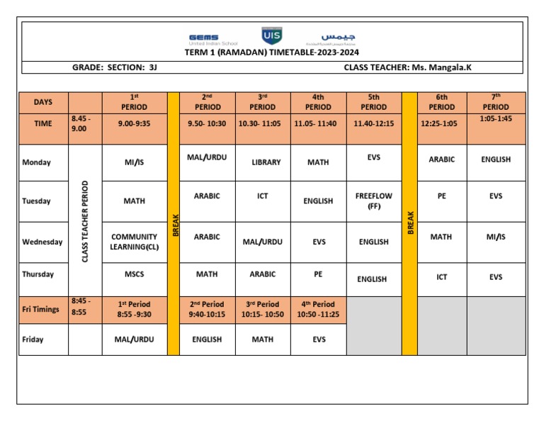 2023-2024 Ramadan Timetable for Grade 3J | PDF