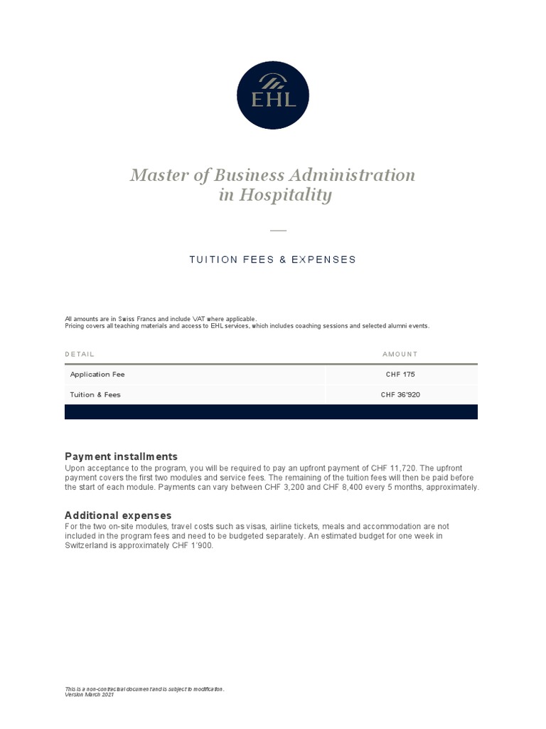 EHL MBA Tuition Fees Overview 2021 | PDF