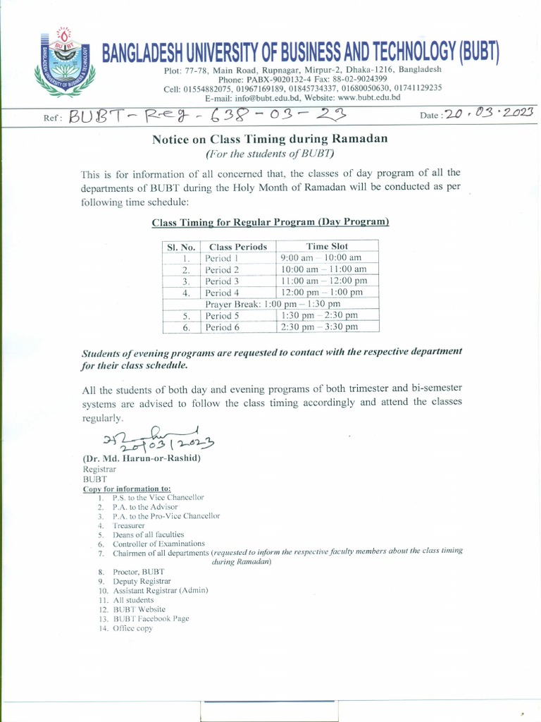 Notice On Class Timing During Ramadan, 2023 | PDF