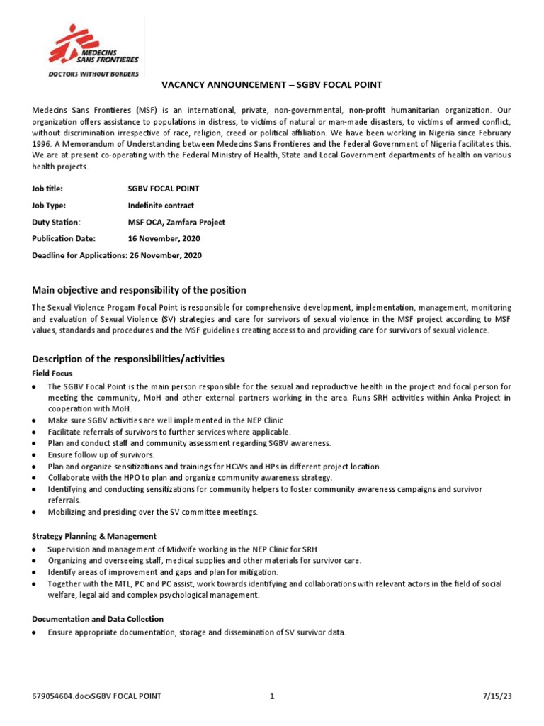 Vacancy Announcement SGBV Focal Point - Anka | PDF | Médecins Sans ...