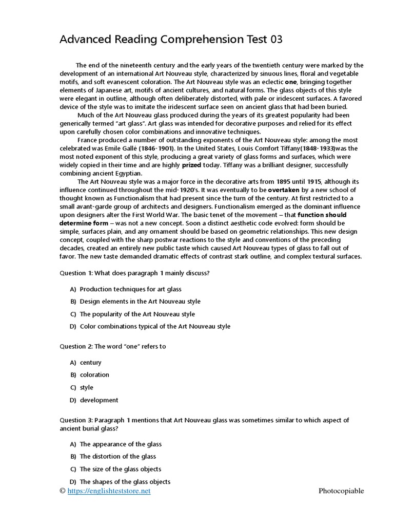 Advanced Reading Comprehension Test03 | Download Free PDF | Art Nouveau ...