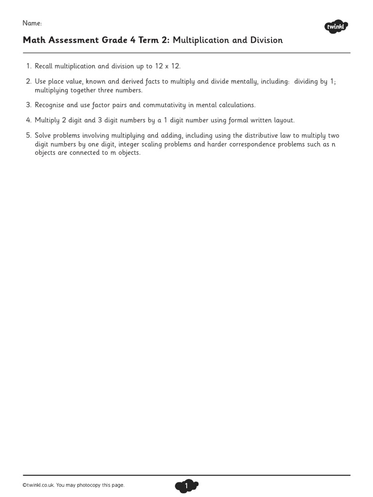 CA t2 M 1126 Grade 4 Multiplication and Division Term 2 Test English ...
