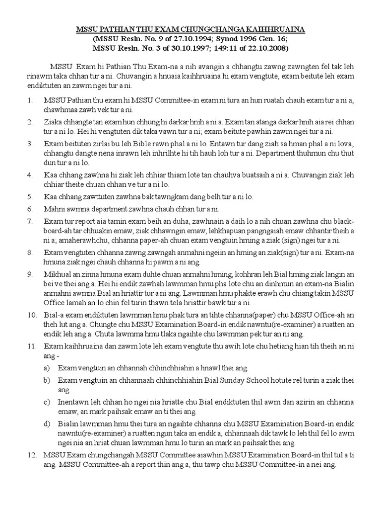 MSSU PATHIAN THU EXAM CHUNGCHANGA KAIHHRUAINA - PMD | PDF