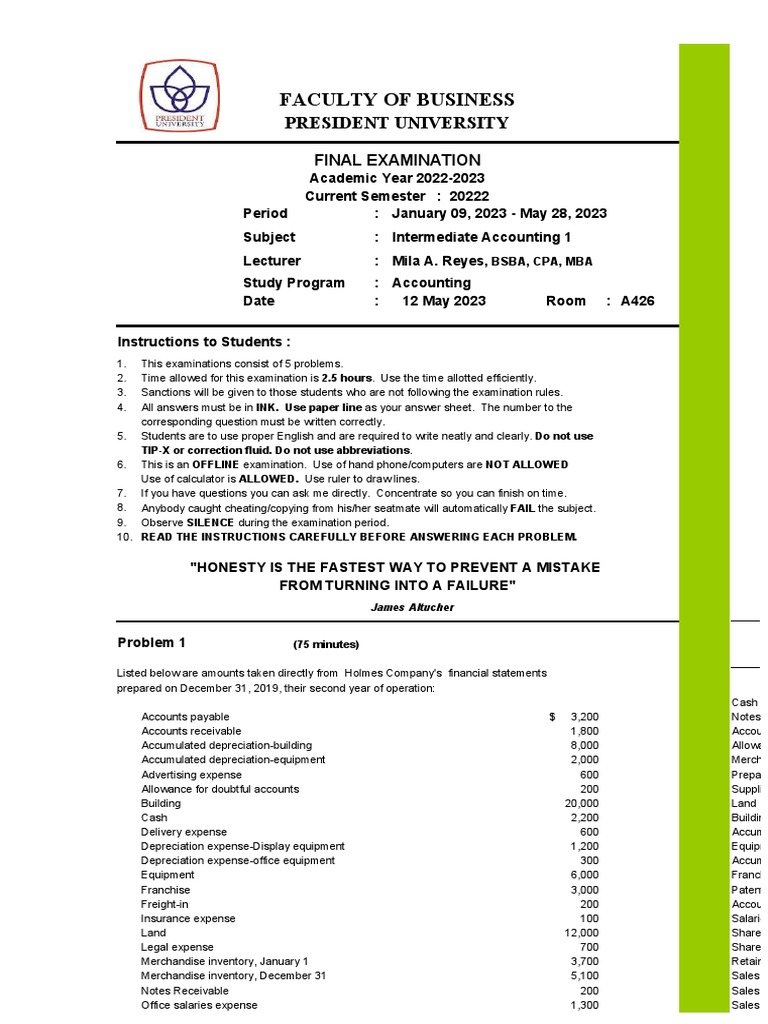 Intermediate Accounting 1 Final Exam | PDF | Debits And Credits | Expense