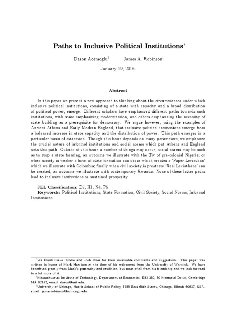 Acemoglu e Robinson (2016) Paths To Inclusive Political Institutions ...