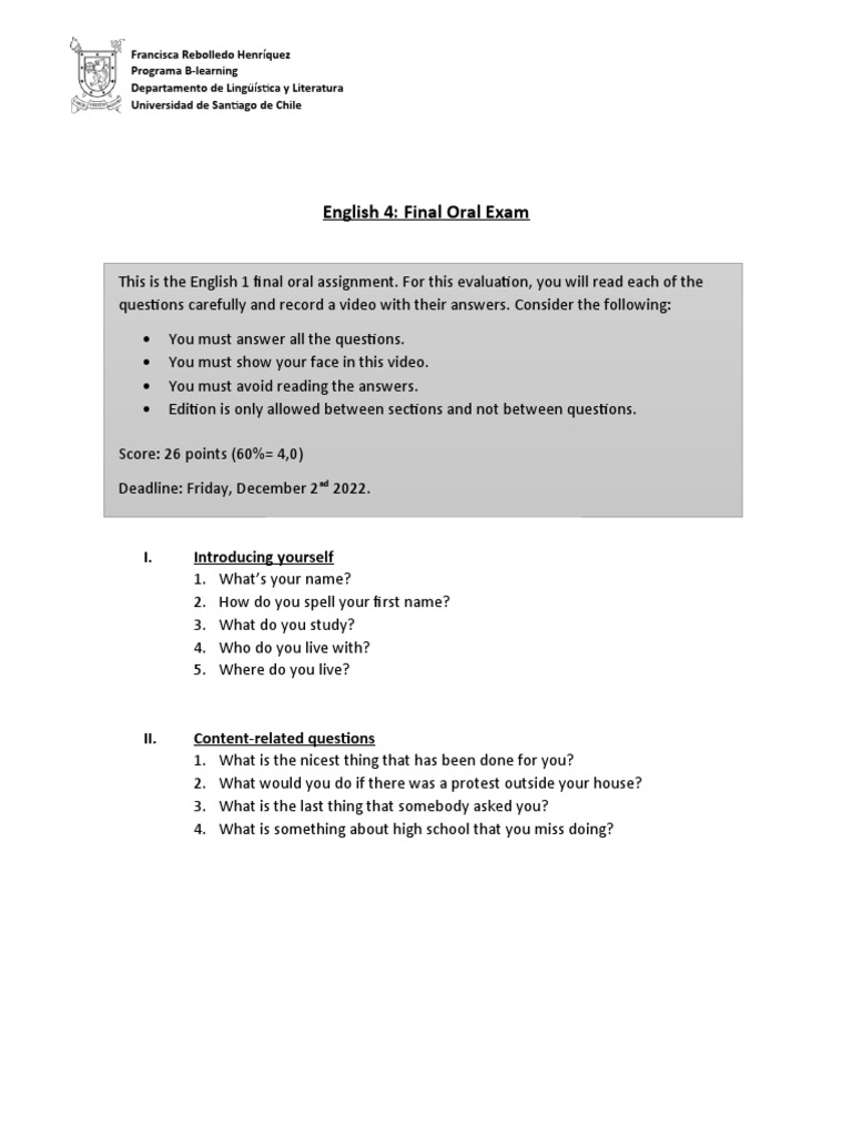 Examen Oral - English 4 | PDF