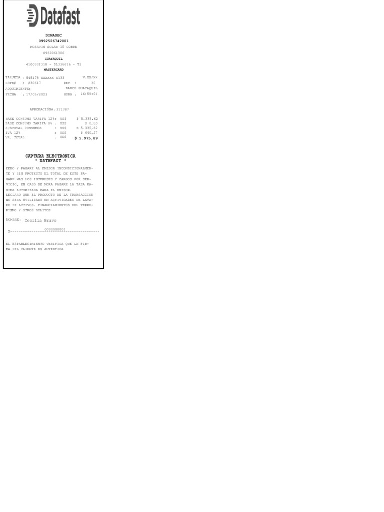 Dinadec 0992526742001: Captura Electronica Datafast | PDF