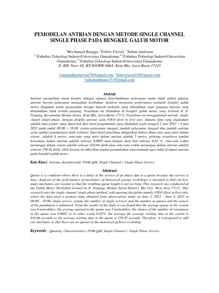 Jurnal Pemodelan Antrian Dengan Metode Single Channel Single Phase Pada Bengkel Galuh Motor | PDF