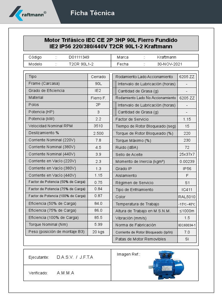 Ficha Técnica D01111349 - T2CR 90L1-2 IEC - Kraftmann Motor Electrico ...