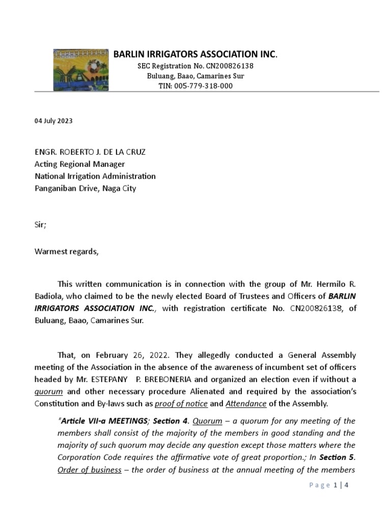 NIA Letter | PDF | Quorum | Governance