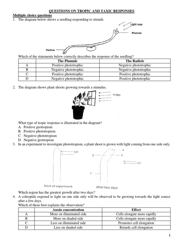 Questions On Tropic and Taxic Responses | PDF | Auxin | Plants