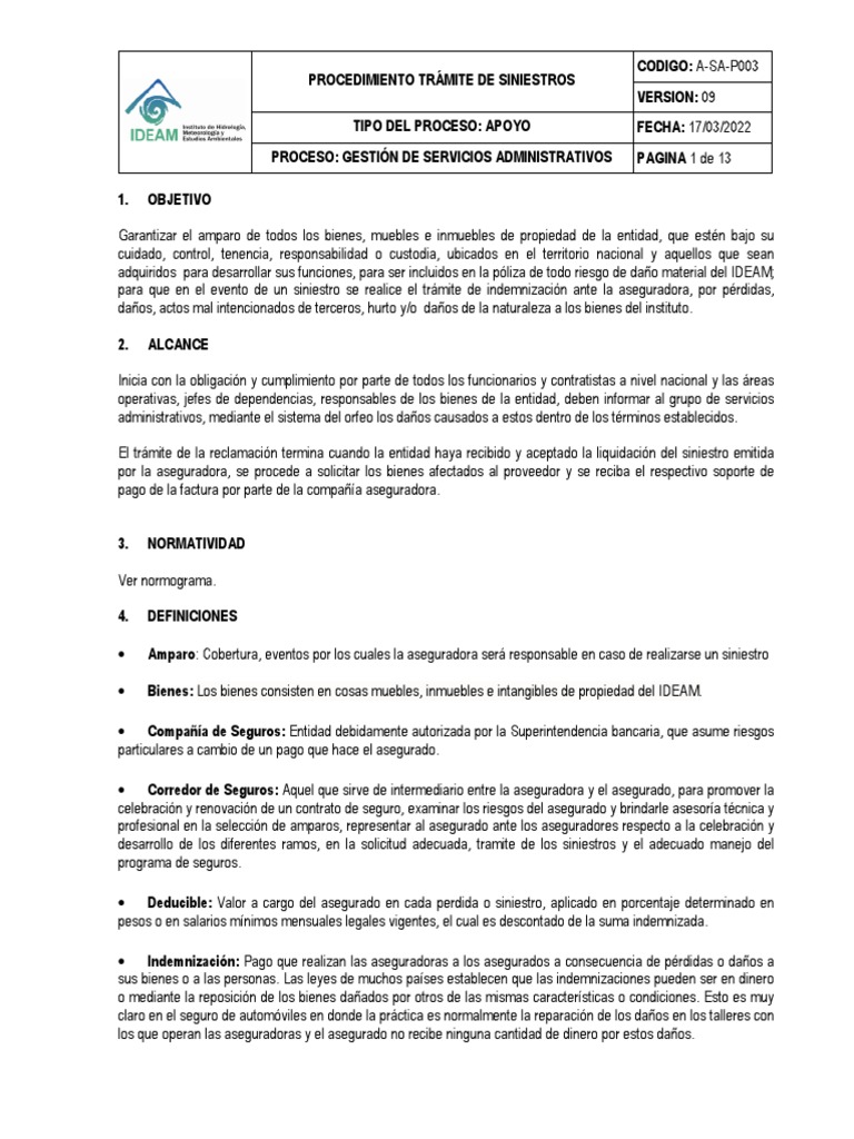 A-SA-P003 PROCEDIMIENTO TRÁMITE DE SINIESTROS V9 | PDF | Seguro ...