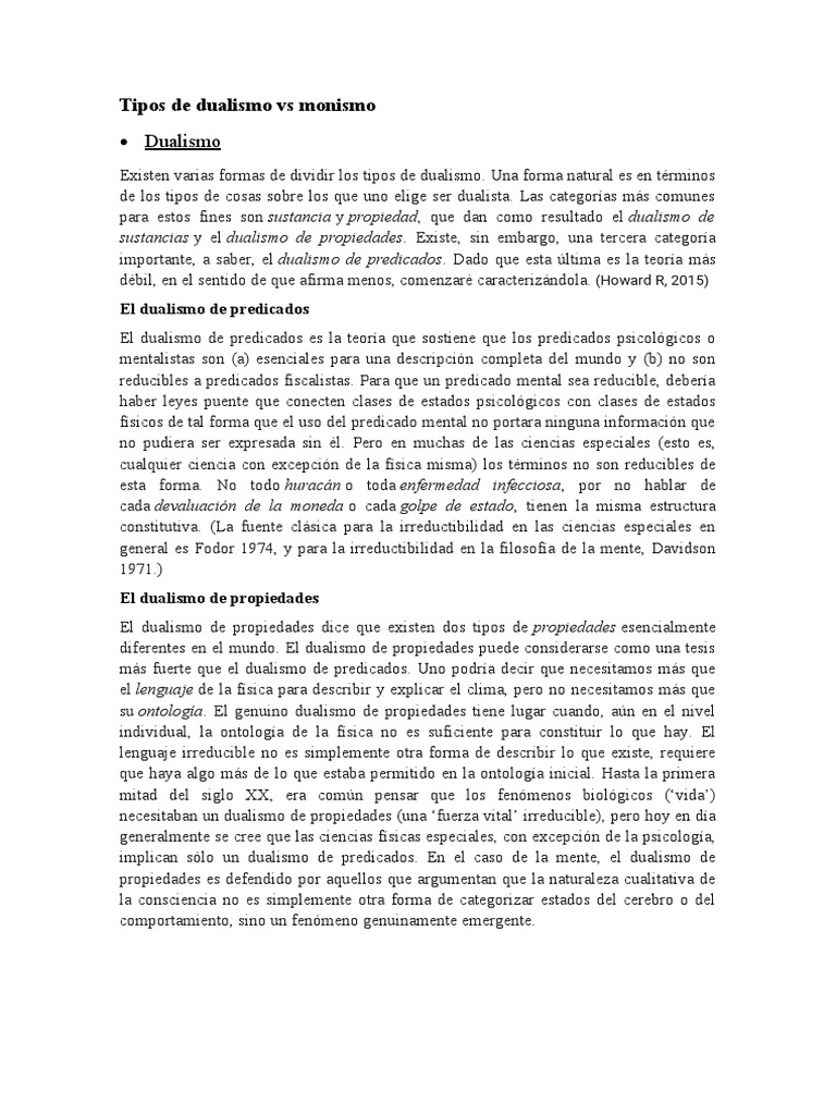 Tipos de dualismo y monismo explicados | PDF | Monismo | Teoría de ...