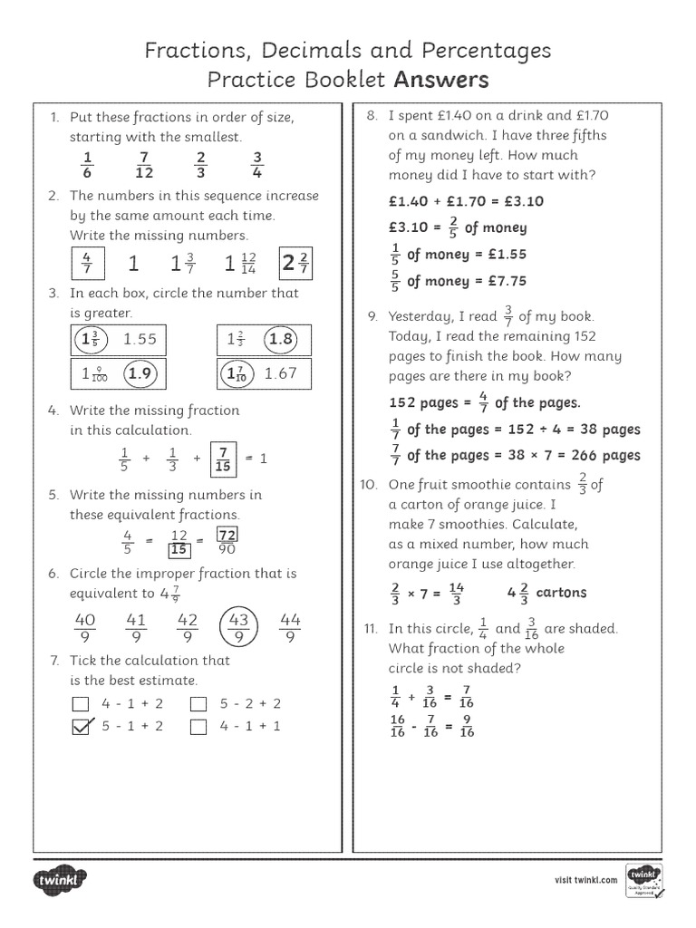Fractions Decimals and Percentages - Practice Booklet - Answers | PDF ...