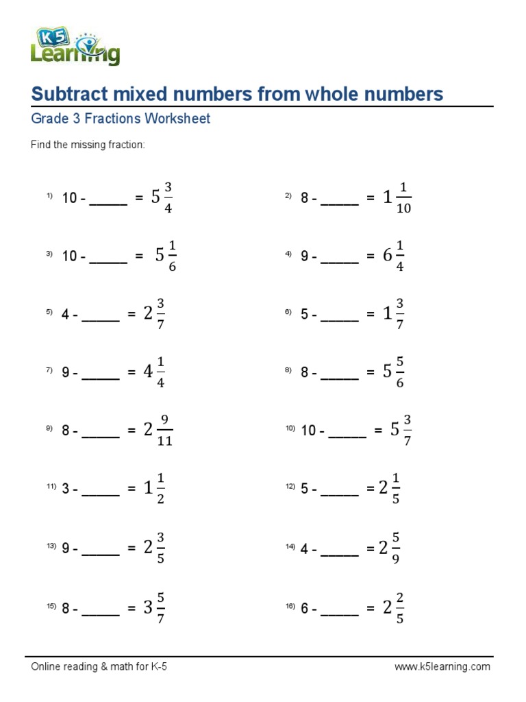 Subtracting Mixed Numbers Worksheet | PDF | Teaching Methods ...