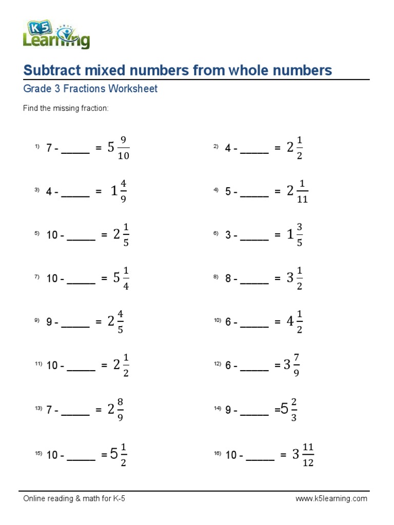 Subtracting Mixed Numbers Worksheet | PDF | Teaching Methods & Materials