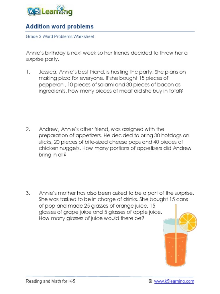 Grade 3 Addition Word Problems | PDF | Cooking, Food & Wine