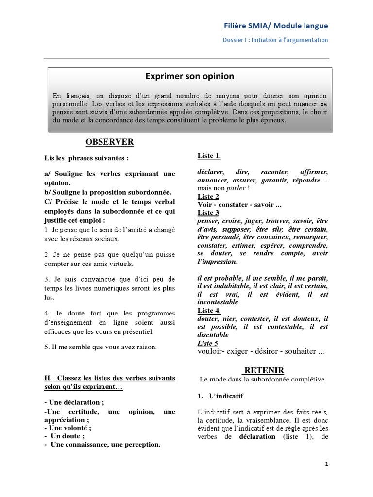 Exprimer son opinion en français | PDF | Verbe | Phrase