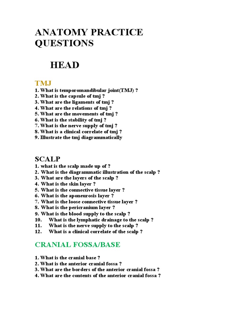 Anatomy Practice Questions | PDF | Skull | Human Head And Neck