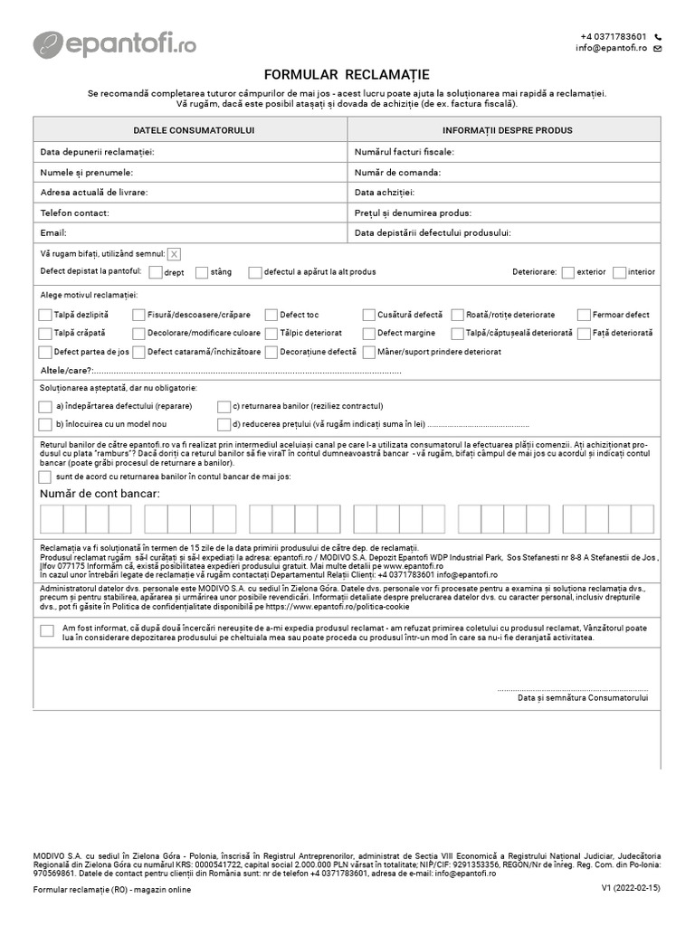 Formular Reclamatie Epantofi | PDF