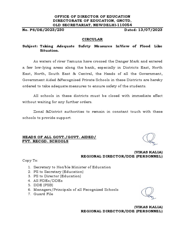 Circular Reg. Flooding in Yamuna River On 13.07.2023 | PDF
