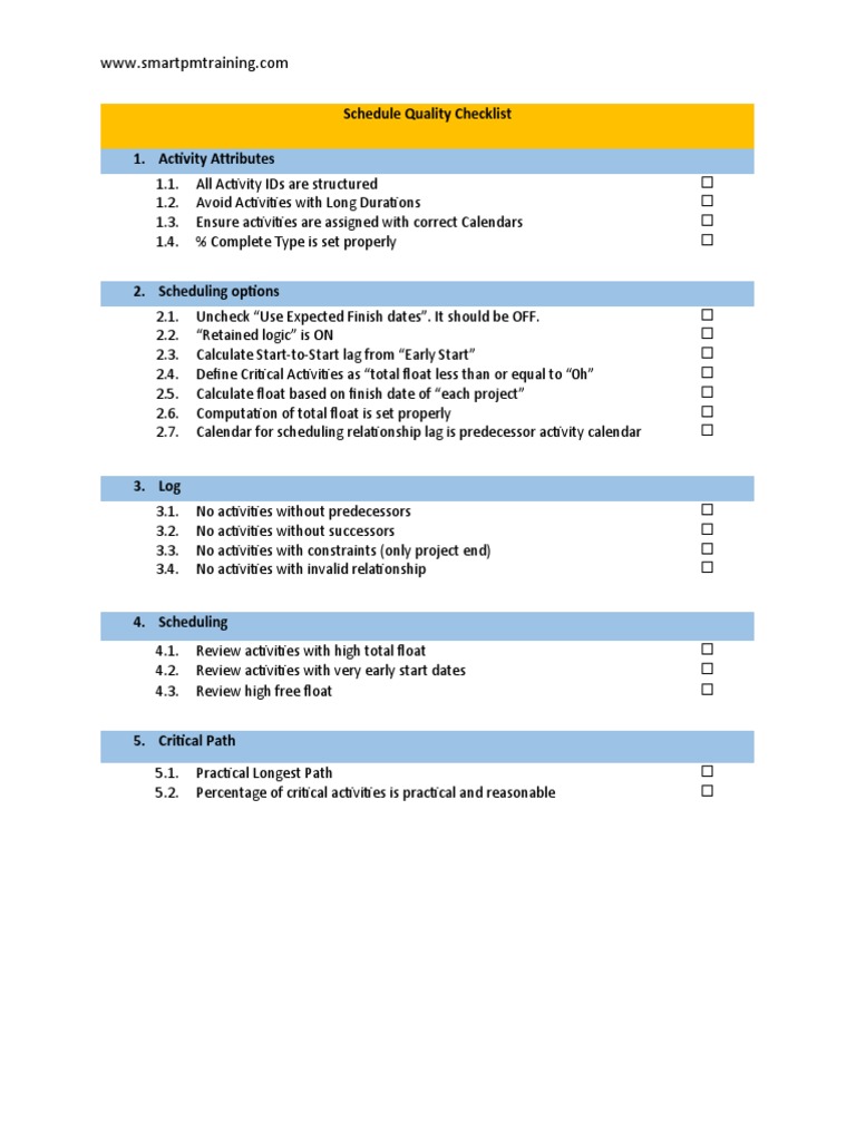Schedule Quality Checklist | PDF