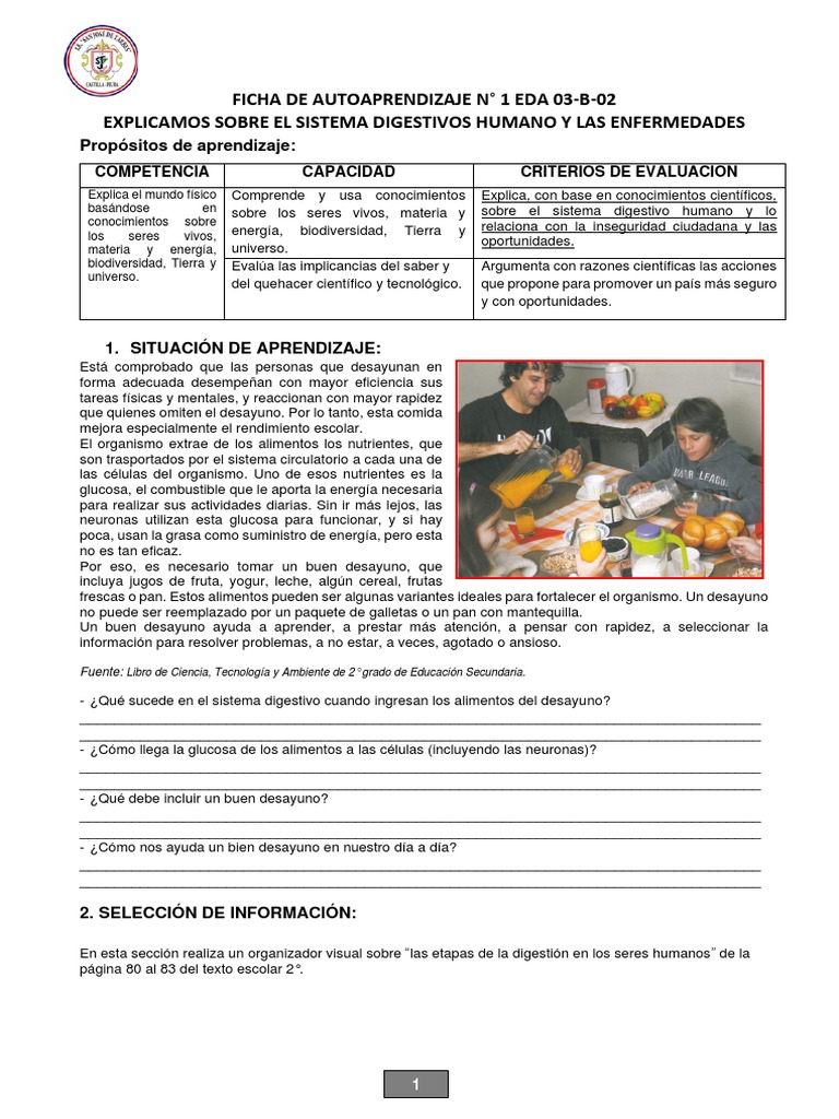 FICHA DE AUTOAPRENDIZAJE N° 1 EDA 03-B-02 | PDF | Digestión | Sistema digestivo humano