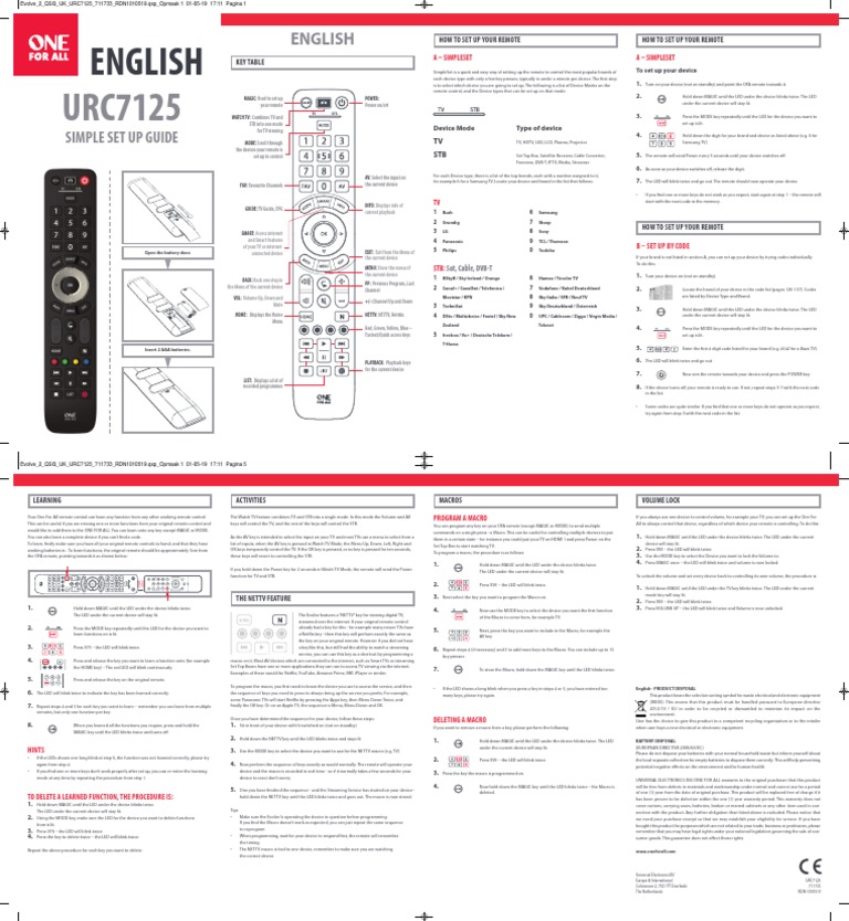 One For All Remote UK - URC7125 | PDF | Set Top Box | Video