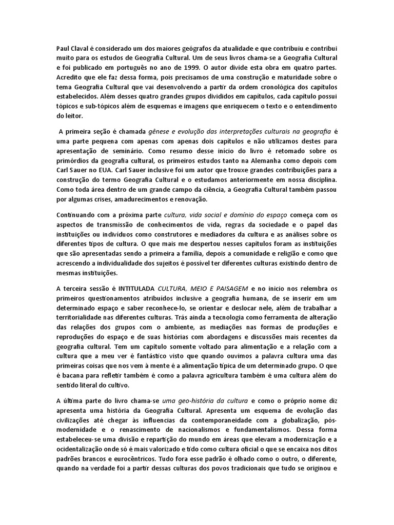 Paul Claval e a Geografia Cultural | PDF | Geografia | Geografia Cultural