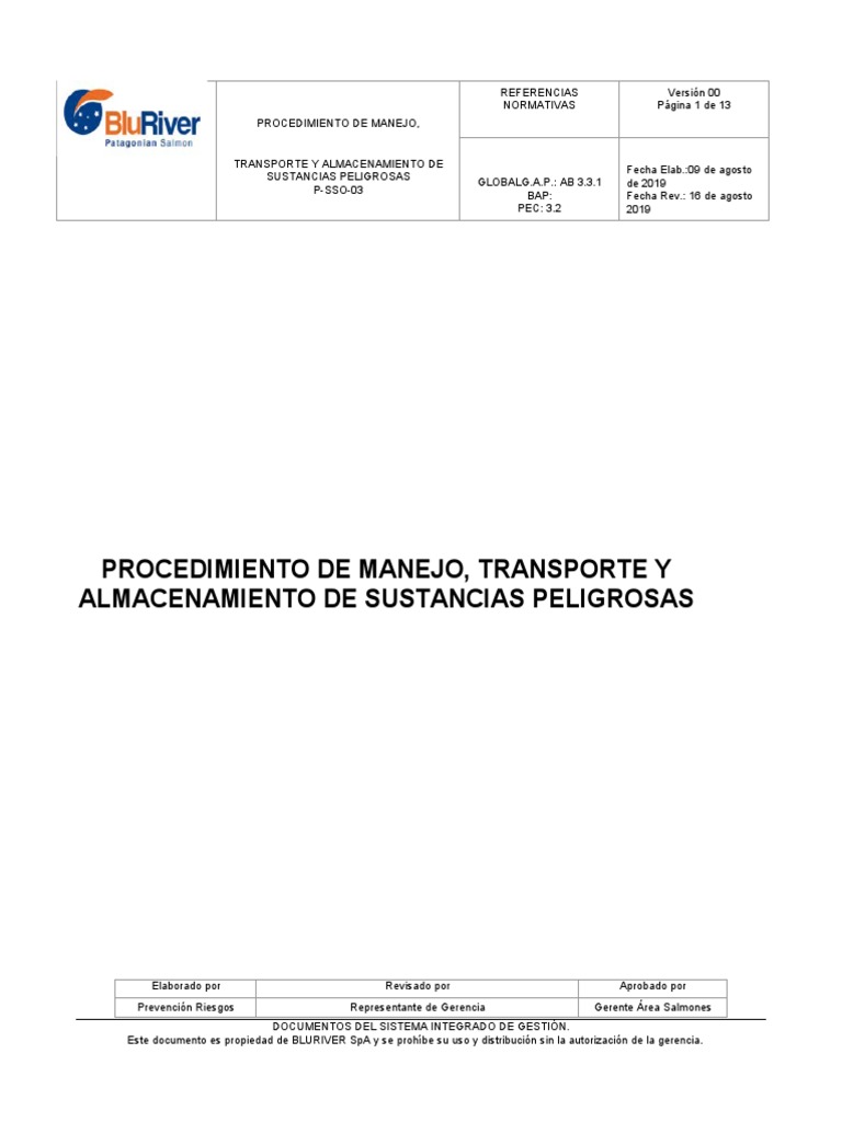 Procedimiento de Manejo, Transporte y Almacenamiento de Sustancias Peligrosas. | Descargar ...