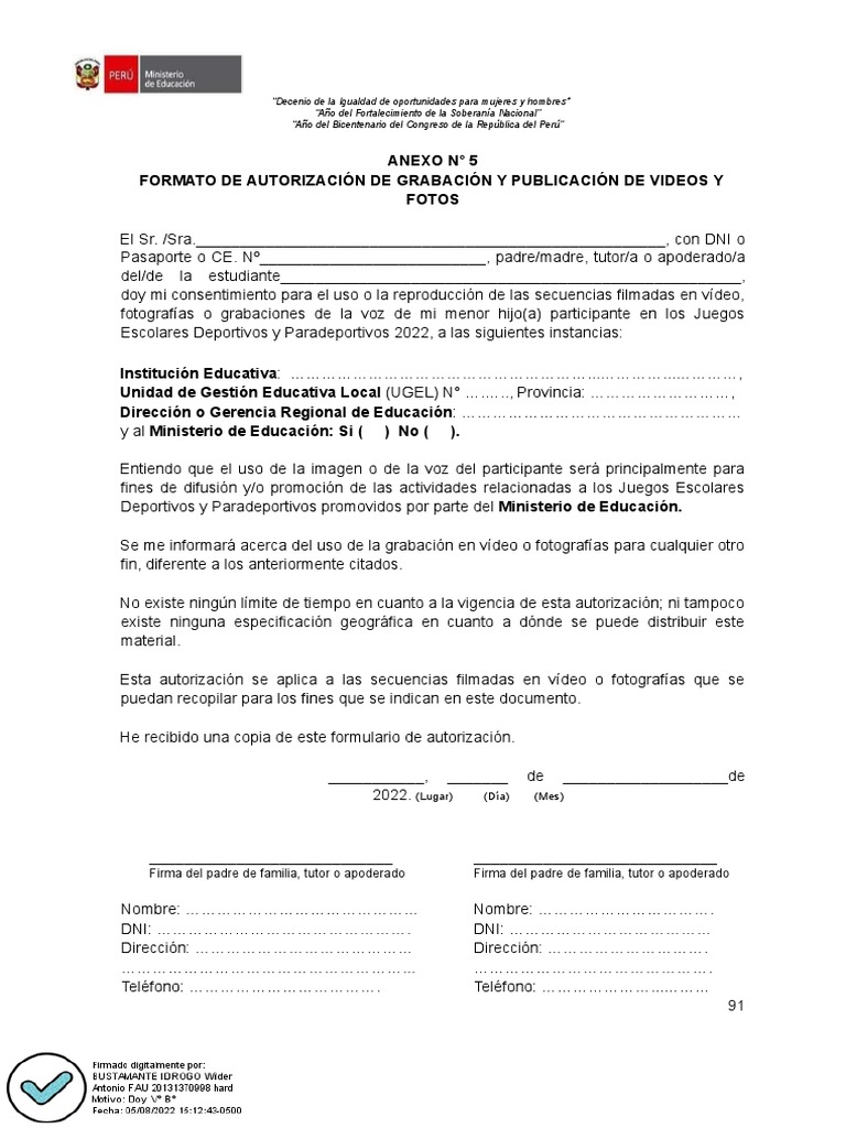 Anexo 5 Autorizacion de Grabacion y Publicacion de Fotos | PDF