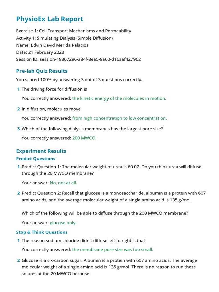 Physioex Exercise 1 Activity 1 Pdf Cell Membrane Diffusion