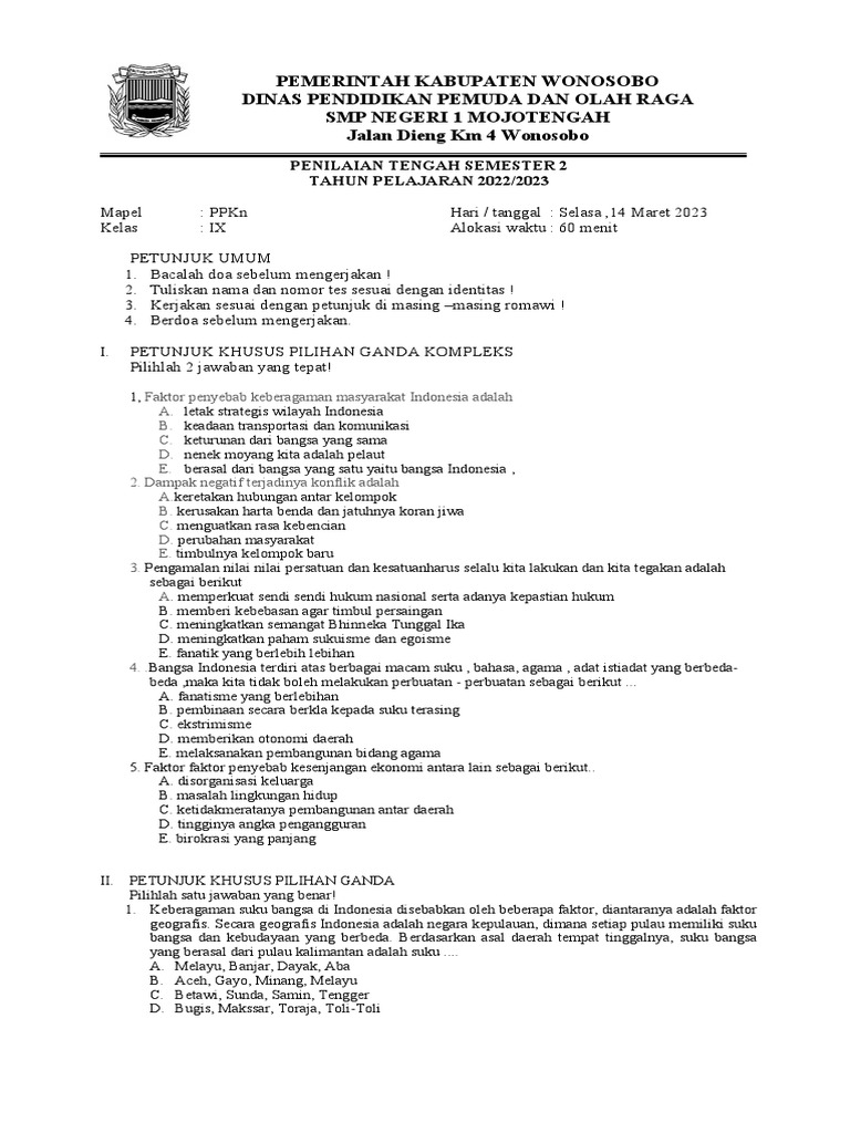 Penilaian PPKn Kelas IX Wonosobo 2023 | PDF | Ilmu Sosial