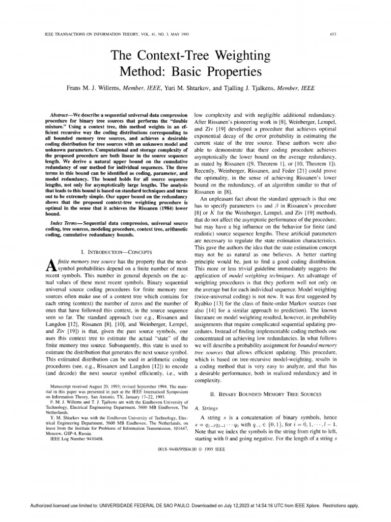 The Context-Tree Weighting Method Basic Properties | PDF | Code | Data Compression