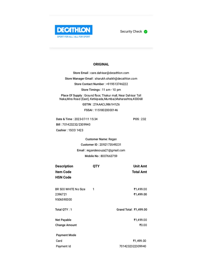Decathlon Invoice Details for Purchase | PDF