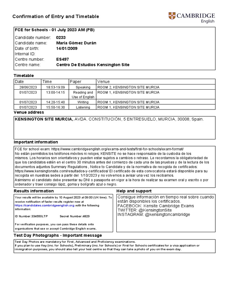 Confirmation of Entry and Timetable | PDF