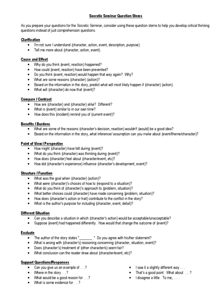 Socratic Seminar Question Stems | PDF | Reason | Thought