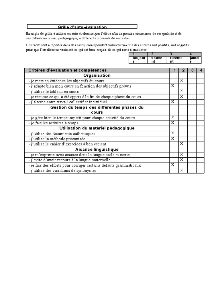 Grille d'auto-évaluation élève | PDF | Pédagogie | Cognition